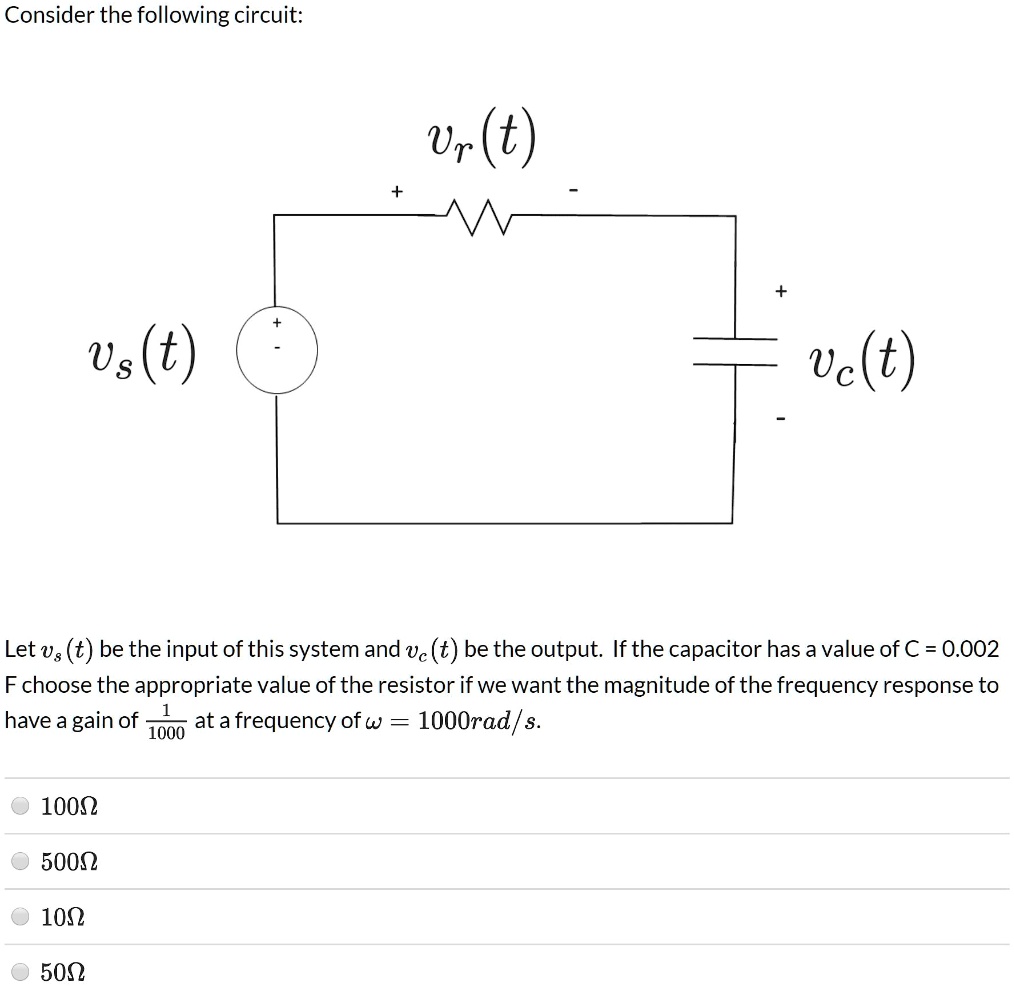 SOLVED: Consider the following circuit: Let vs(t) be the input of this system and vc(t) be the ...