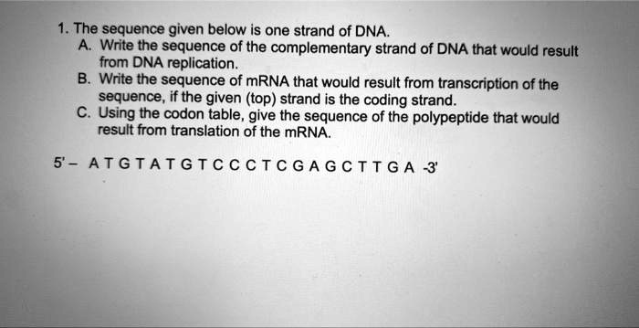 SOLVED: The sequence given below is one strand of DNA. A. Write the sequence of the ...