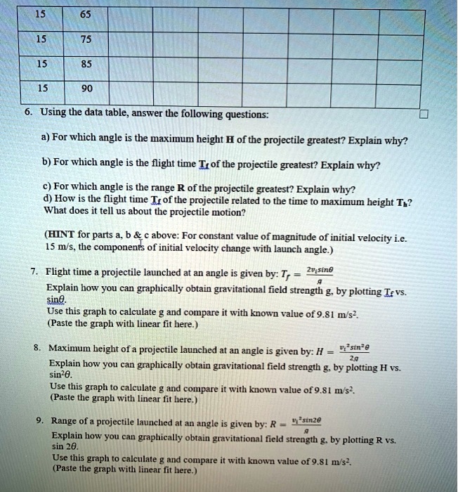 75 using the data table answer the following questions a for which angle is the maximum height h ...