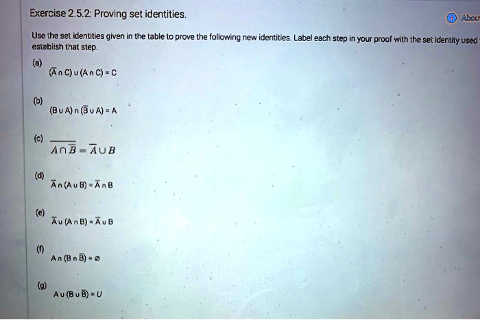 exercise 252 proving set identities use the set identities given in the table prove the ...