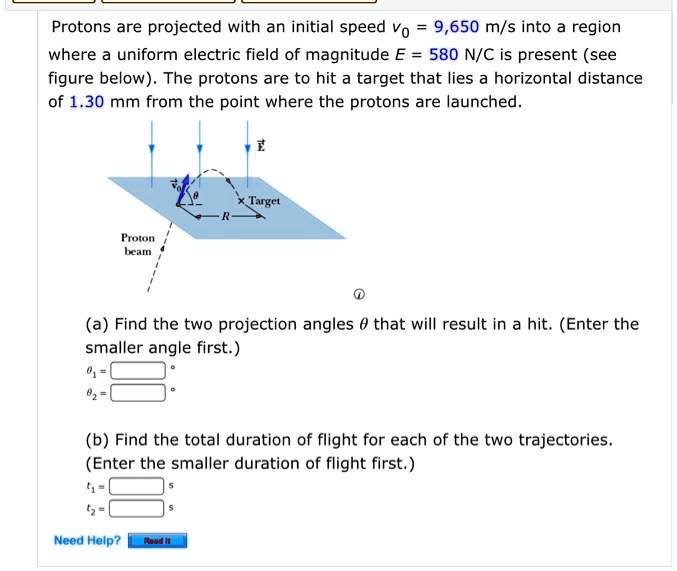 SOLVED: Protons are projected with an initial speed Vo 9,650 m/s into a region where uniform ...