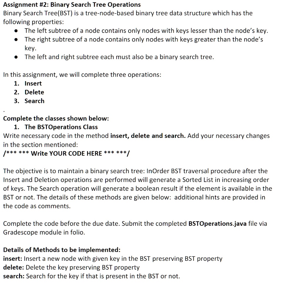 Assignment 2 Binary Search Tree Operations Binary Search Tree Bst Is A Tree Node Based 5494