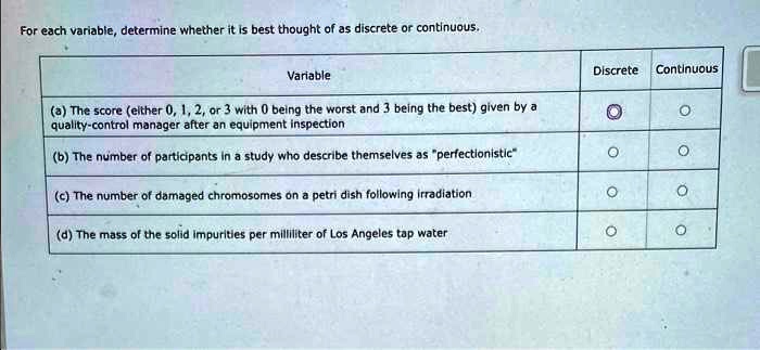SOLVED: For each variable, determine whether it is best thought of as discrete or continuous ...