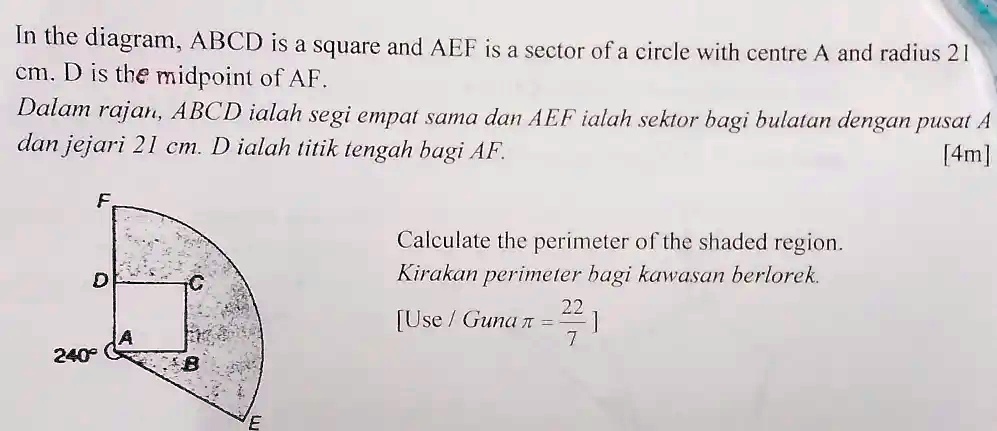 SOLVED: In the diagram, ABCD is a square and AEF is a sector of a circle with center A and ...