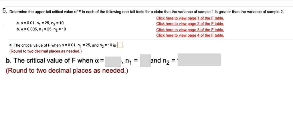 SOLVED: Determine the upper-tail critical value of F in each of the ...