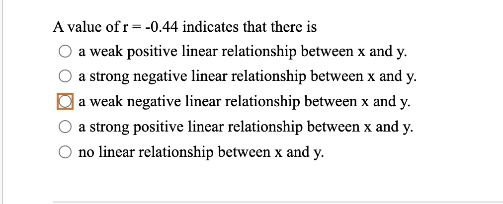 SOLVED: A value ofr = -0.44 indicates that there is weak positive ...