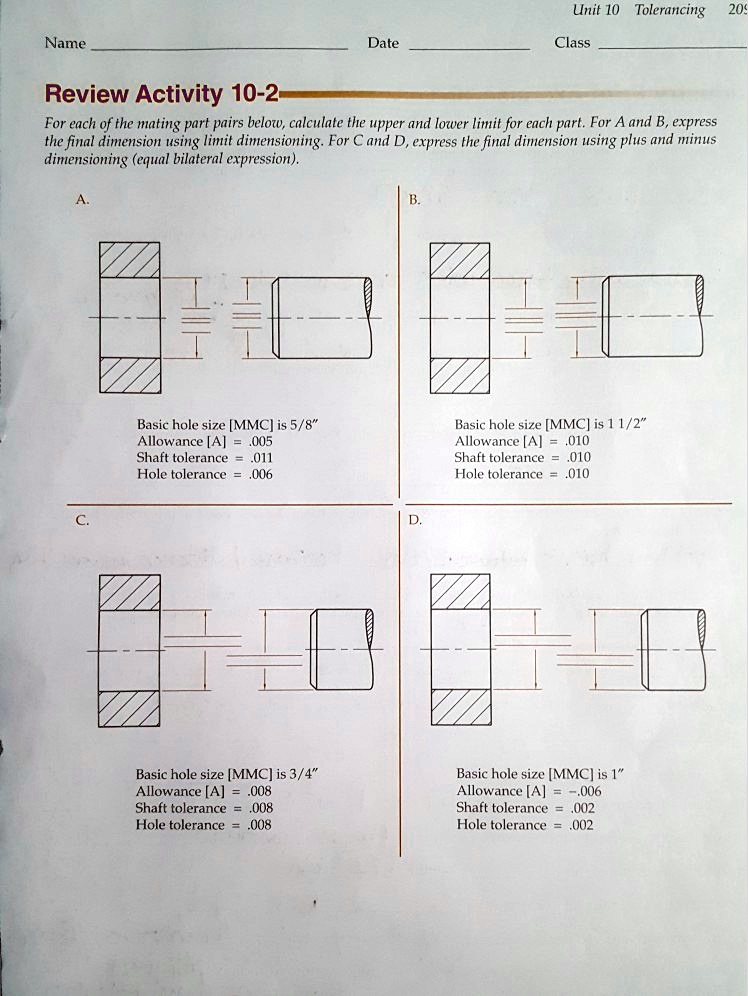 Unit 10 Tolerancing 205 Class Name Review Activity 10-2 Date For each of the mating part pairs ...