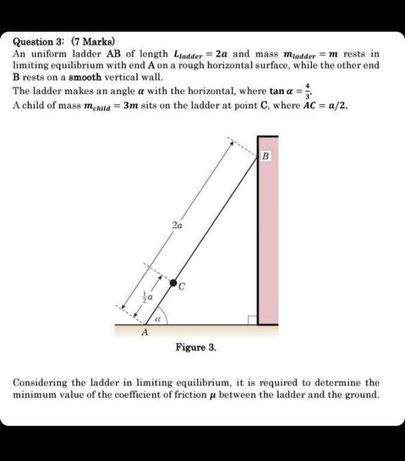 SOLVED: Question 3: (7 Marks) An uniform ladder AB of length Lladder ...