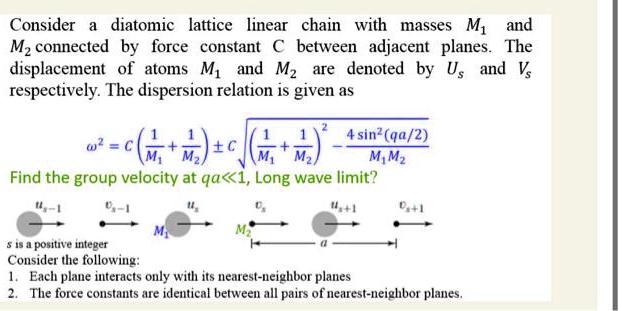 Consider a diatomic lattice linear chain with masses M1 and M2 ...