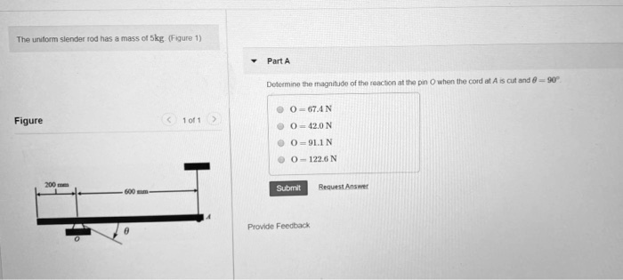 The uniform slender rod has a mass of 5kg. (Figure 1) Figure Part A ...