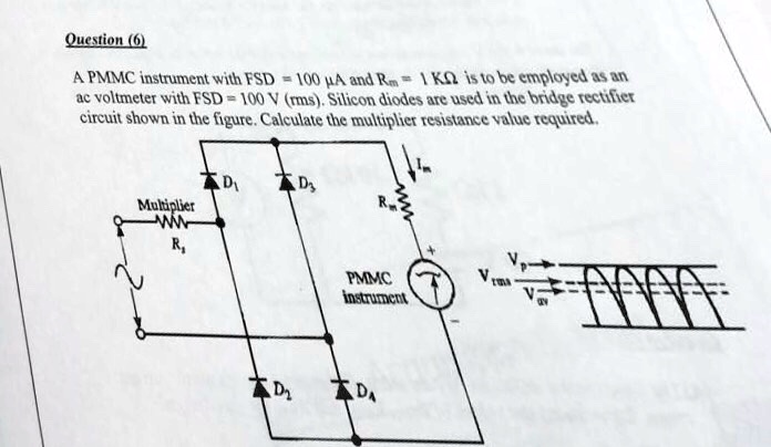 A PMMC instrument with FSD=100A and Rm=1K is to be employed as an AC ...