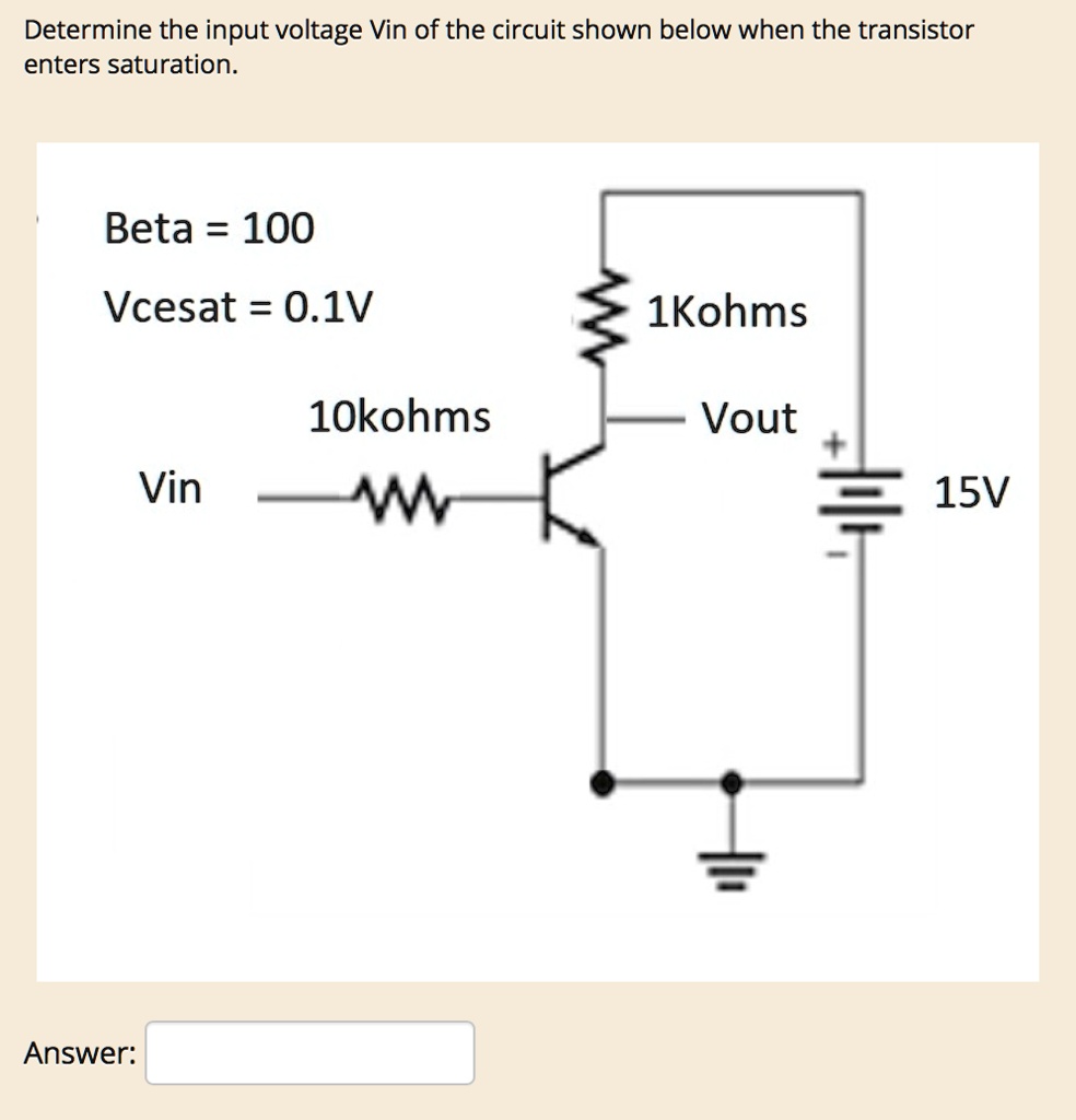 SOLVED: Determine the input voltage Vin of the circuit shown below when the transistor enters ...