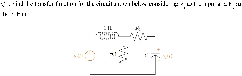 SOLVED: Q1. Find the transfer function for the circuit shown below considering V as the input ...