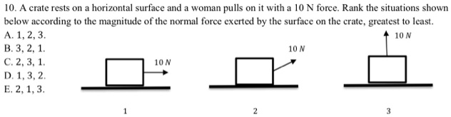 a crate rests on horizontal surface and woman pulls on it with 10 n force rank the situations ...