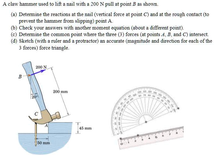 SOLVED: A claw hammer is used to lift a nail with a 200 N pull at point ...