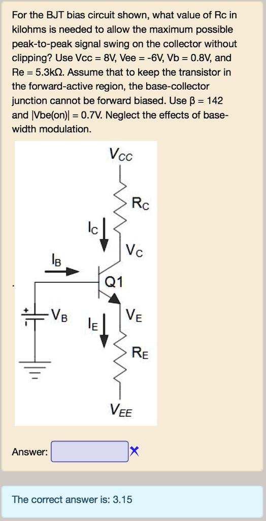 SOLVED: For the BJT bias circuit shown, what value of Rc in kilohms is ...