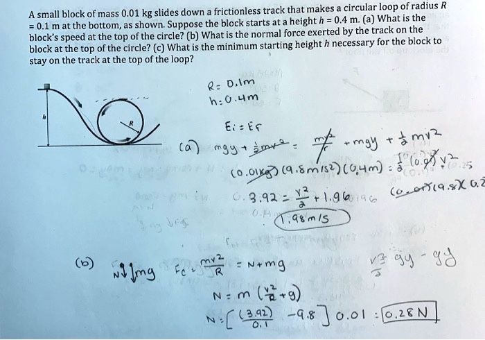 SOLVED: Frictionless track that makes a circular loop of radius R. A small block of mass 0.01 kg ...
