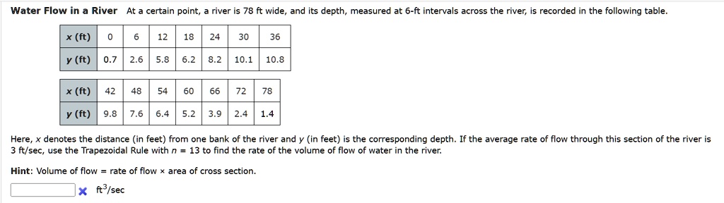 SOLVED: Water Flow in a River At a certain point, a river is 78ft wide ...