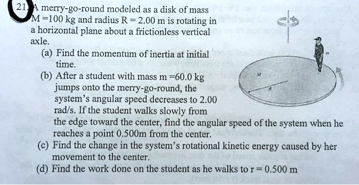 SOLVED: merry- ~go-round modeled as a disk of mass M=100 kg and radius R = 2.00 m is rotating in ...