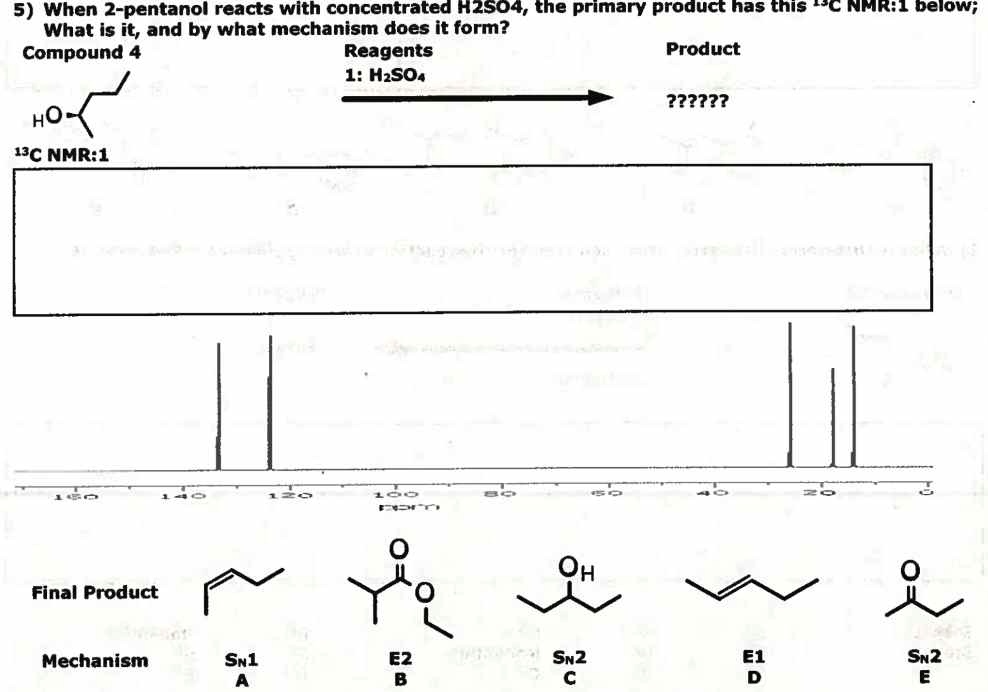 5) When 2-pentanol reacts with concentrated H2SO4, the primary product ...
