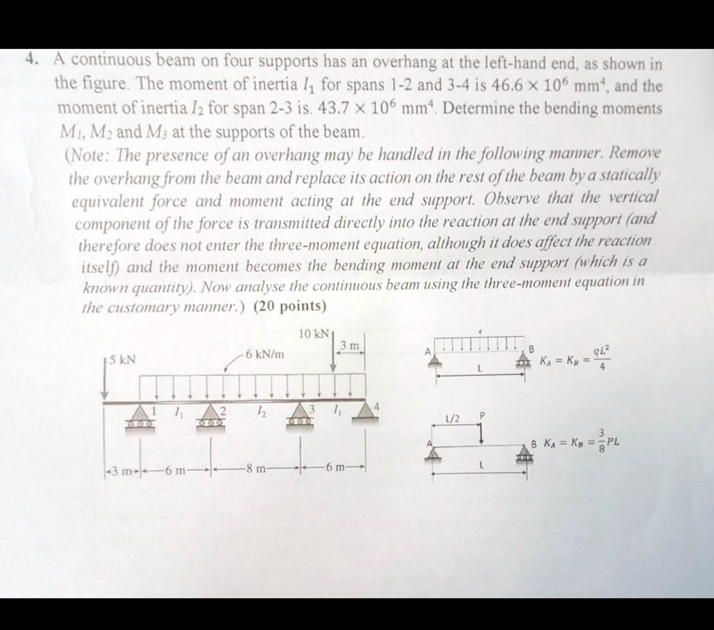 4. A continuous beam on four supports has an overhang at the left-hand ...