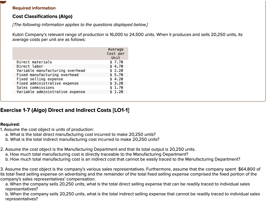 Exercise 1 7 Algo Direct And Indirect Costs Lo1 1 Required Assume The