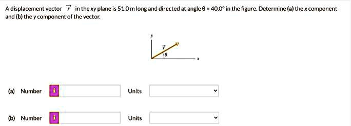 A displacement vector r⃗ in the xy plane is 51.0 m long and...