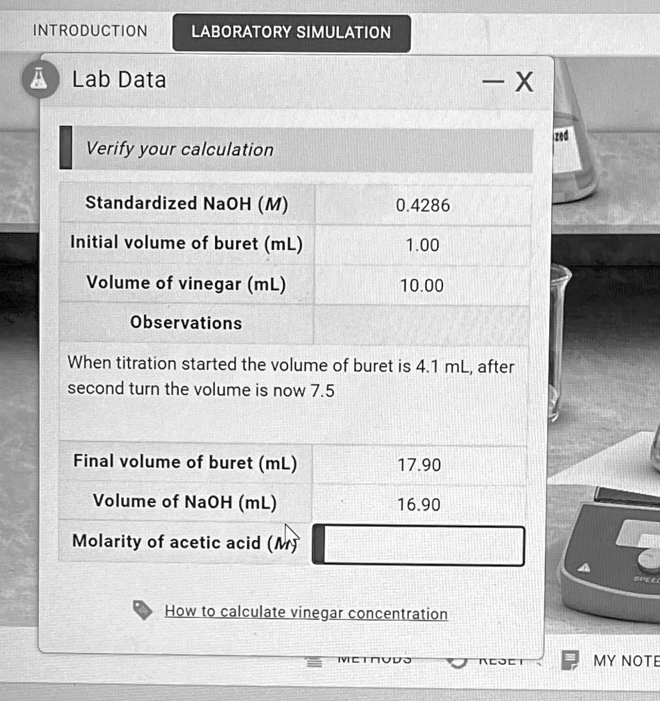 SOLVED: Calculate molarity of acetic acid in vinegar solution. Record concentration in Lab Data ...