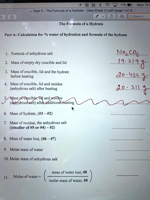 SOLVED: 6 * ? [ 77% Mon 12:0 The Formula of - Hydrate Data Sheet (1 ...