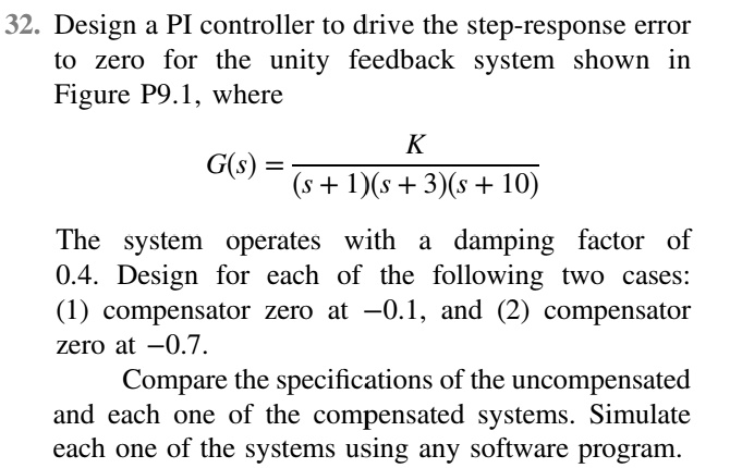 SOLVED: 32. Design a PI controller to drive the step-response error to zero for the unity ...