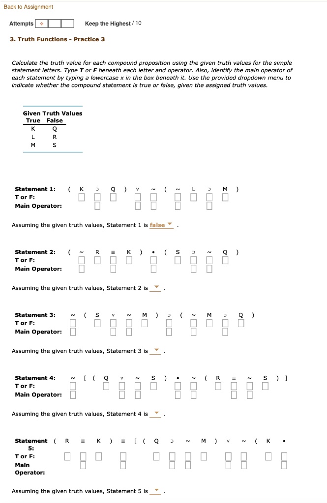 SOLVED: Back to Assignment Attempts Keep the Highest Truth Functions ...