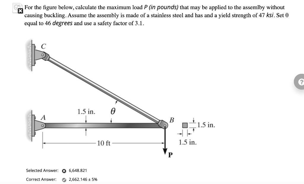 SOLVED: For the figure below, calculate the maximum load P (in pounds) that may be applied to ...