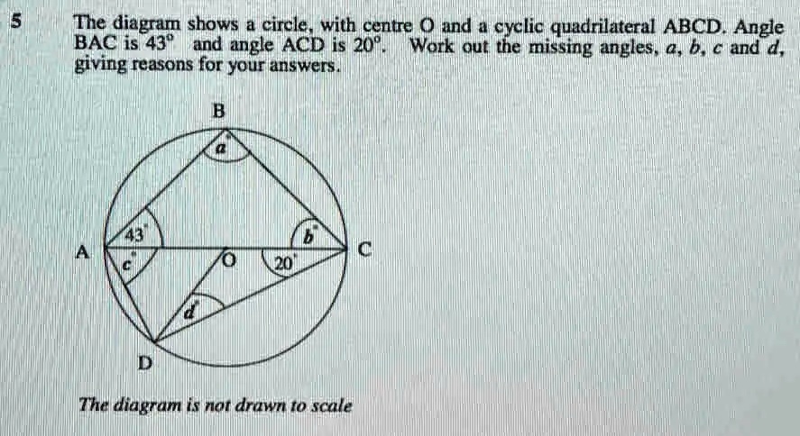 5 The diagram shows a circle, with centre O and a cyclic quadrilateral ABCD. Angle BAC is 43º ...
