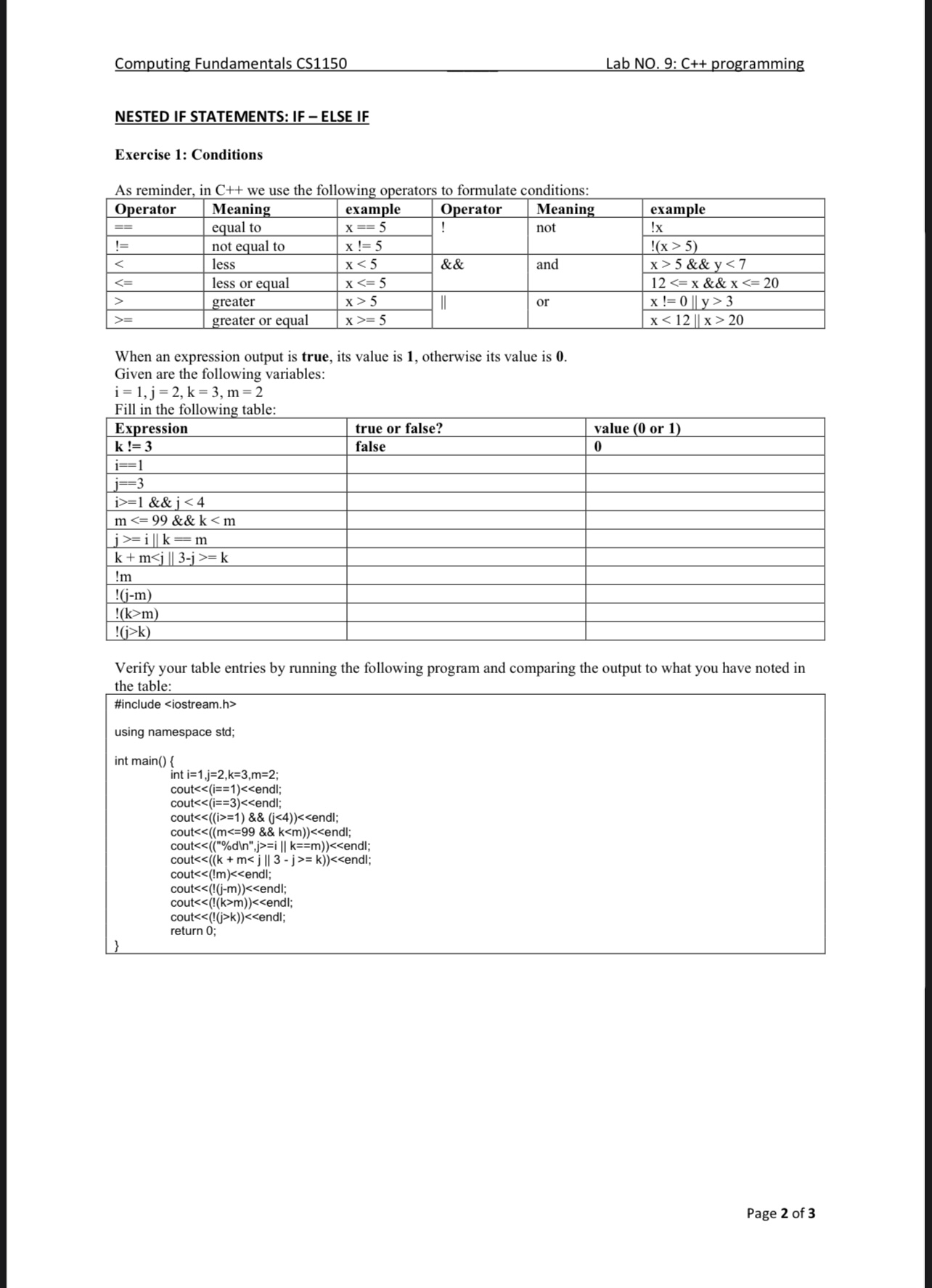 Solved Computing Fundamentals Cs1150 Lab No 9 C Programming Nested If Statements If Else