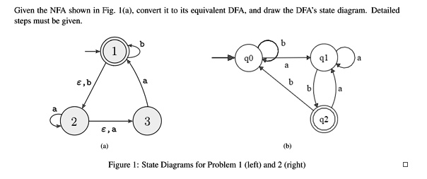 SOLVED: Given the NFA shown in Fig. 1(a), convert it to its equivalent DFA, and draw the DFAs ...