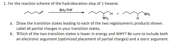 [GET ANSWER] 1. For the reaction scheme of the hydroboration step of 1-hexene. BH3-THF H^+ BH2 ...