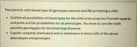 SOLVED: Two parents with blood types (genotype unknown) and AB are ...