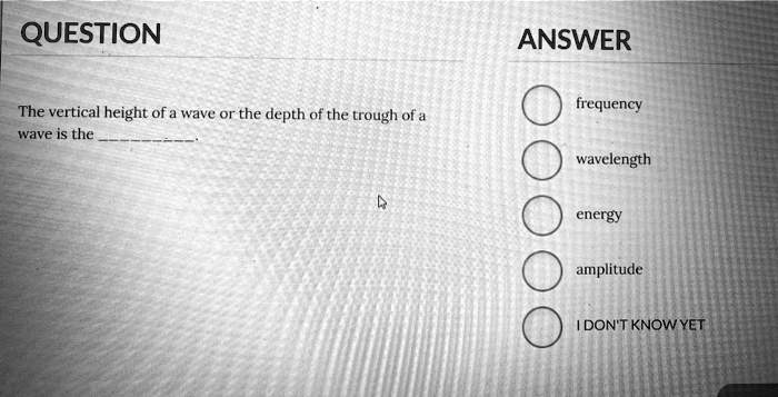SOLVED: QUESTION ANSWER The vertical height of a wave Or the depth of ...