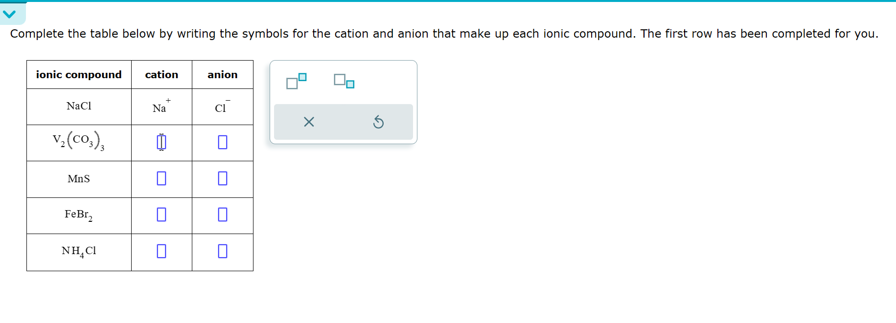 Complete The Table Below By Writing The Symbols For The Cation And Anion That Make Up Each Ionic