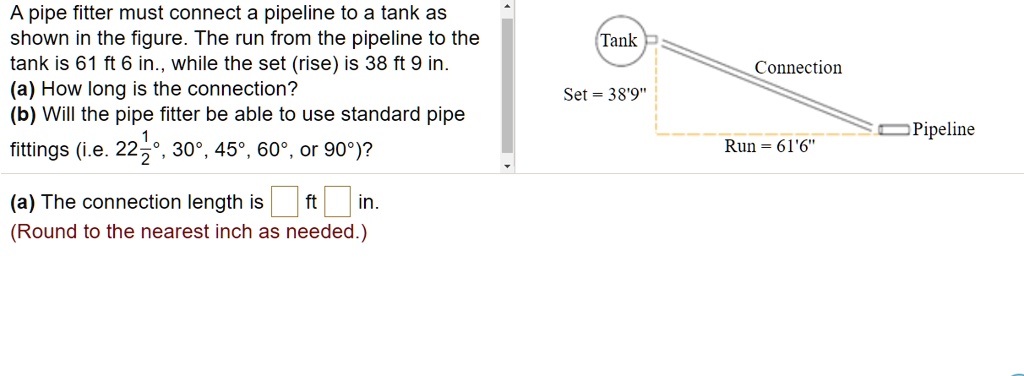 SOLVED: A pipe fitter must connect a pipeline to a tank as shown in the figure. The run from the ...