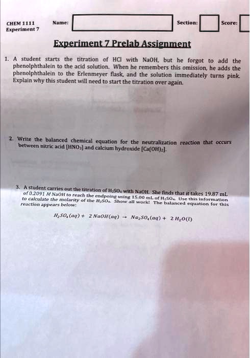SOLVED: Texts: CHEM1111 Experiment 7 Name: Section Experiment 7 Prelab Assignment 1. A student ...