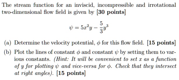SOLVED: The stream function for an inviscid, incompressible, and irrotational two-dimensional ...