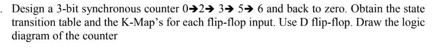 SOLVED: Design a 3-bit synchronous counter 0>2>3>5>6 and back to zero ...