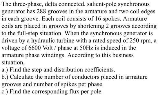 Solved The Three Phase Delta Connected Salient Pole Synchronous Generator Has 288 Grooves In