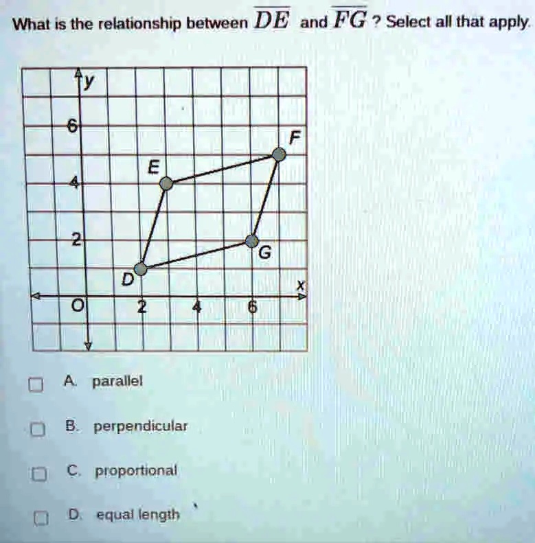 SOLVED: Whal is the relationship between DE and FG ? Select all that ...