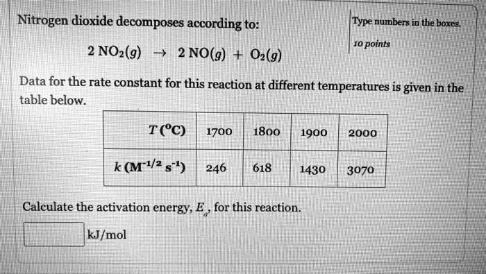 SOLVED: Nitrogen dioxide decomposes according to: Type numbers in the ...