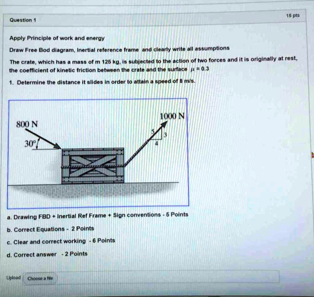 Question 1 15 pts Apply Principle of work and energy Draw...