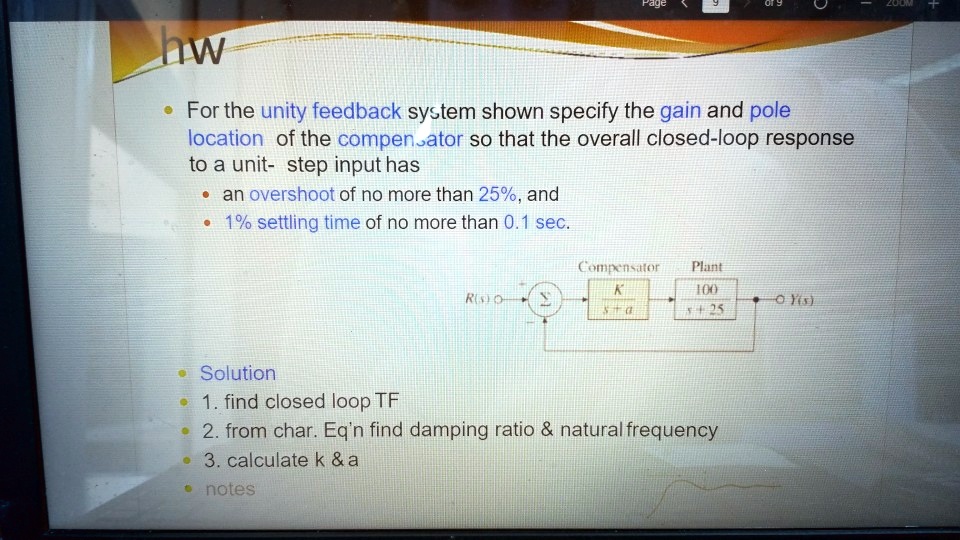 SOLVED: For the unity feedback system shown, specify the gain and pole ...