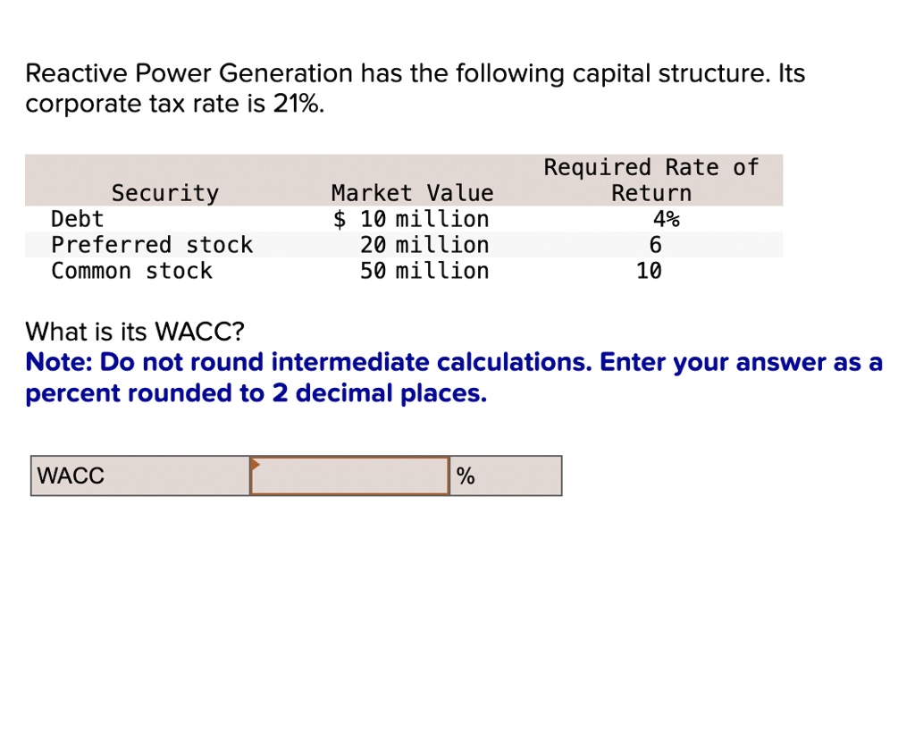 reactive power generation has the following capital structure its corporate tax rate is 21 what ...