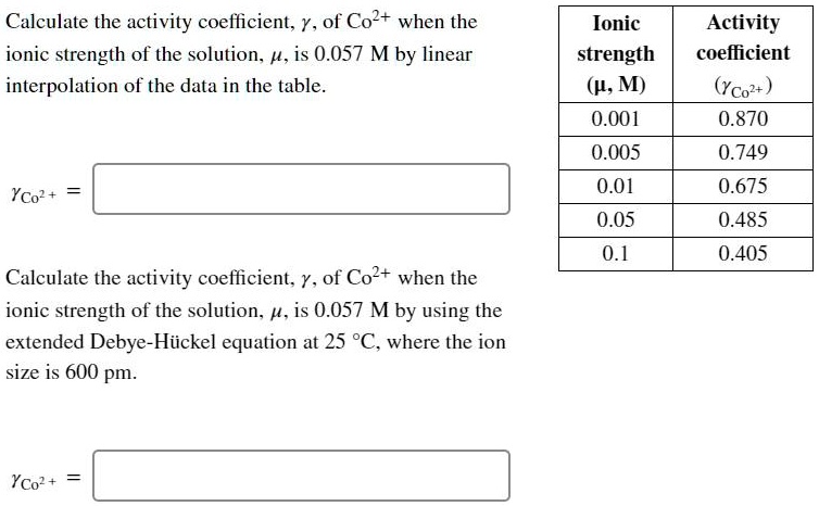 SOLVED: Calculate the activity coefficient, Y, of Co2+ when the ionic strength of the solution ...